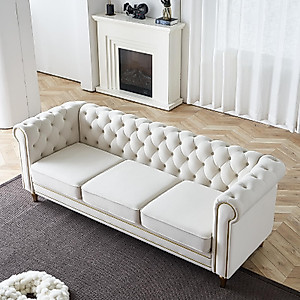 Neylory Modern Velvet Sofa Couch for Living Room,85 Inch 3 Seater Chesterfield Couches with Button Tufted Back and Roll Arms,Upholstered Sofas for Bedroom,Apartment,Office Beige