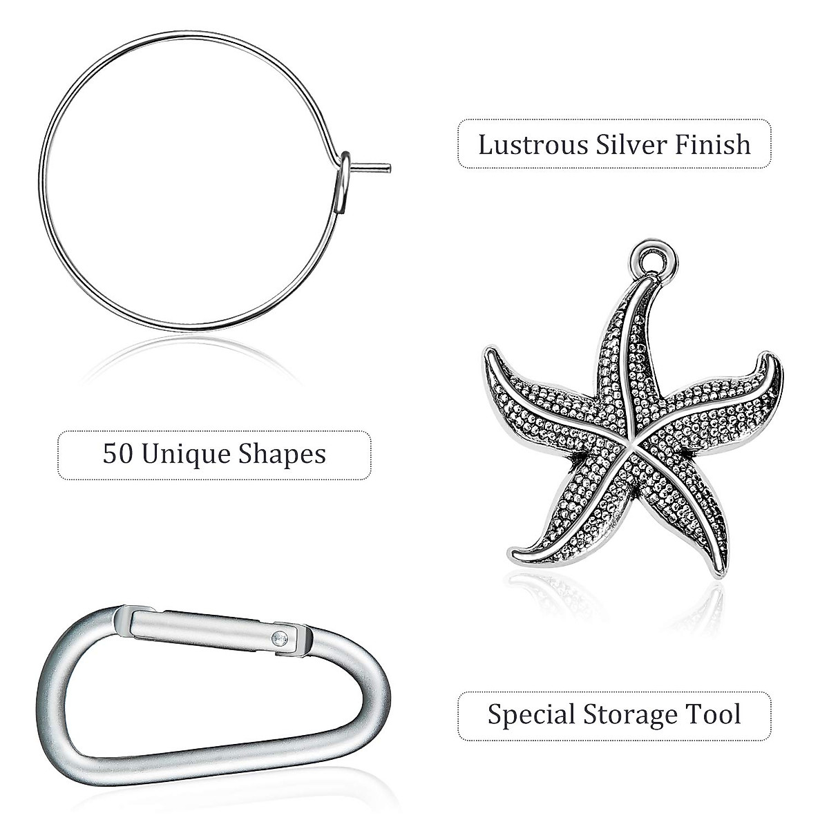 50 Piece Beach Themed Wine Glass Charms with 50 Pieces Hanging Rings and 2 Pieces Buckles for Tasting Party Decoration Supplies, 102 Pieces Totally