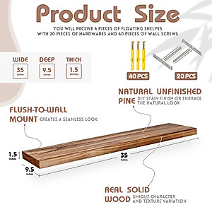 Sasylvia 4 Pcs Extra Long Floating Wall Shelves Book Rustic Thick Shelves for Wall Decor Wall Mounted Wood Farmhouse Bathroom Hanging Shelf for Bedroom Living Room Kitchen(Brown, 35 x 9.5 x 1.5)