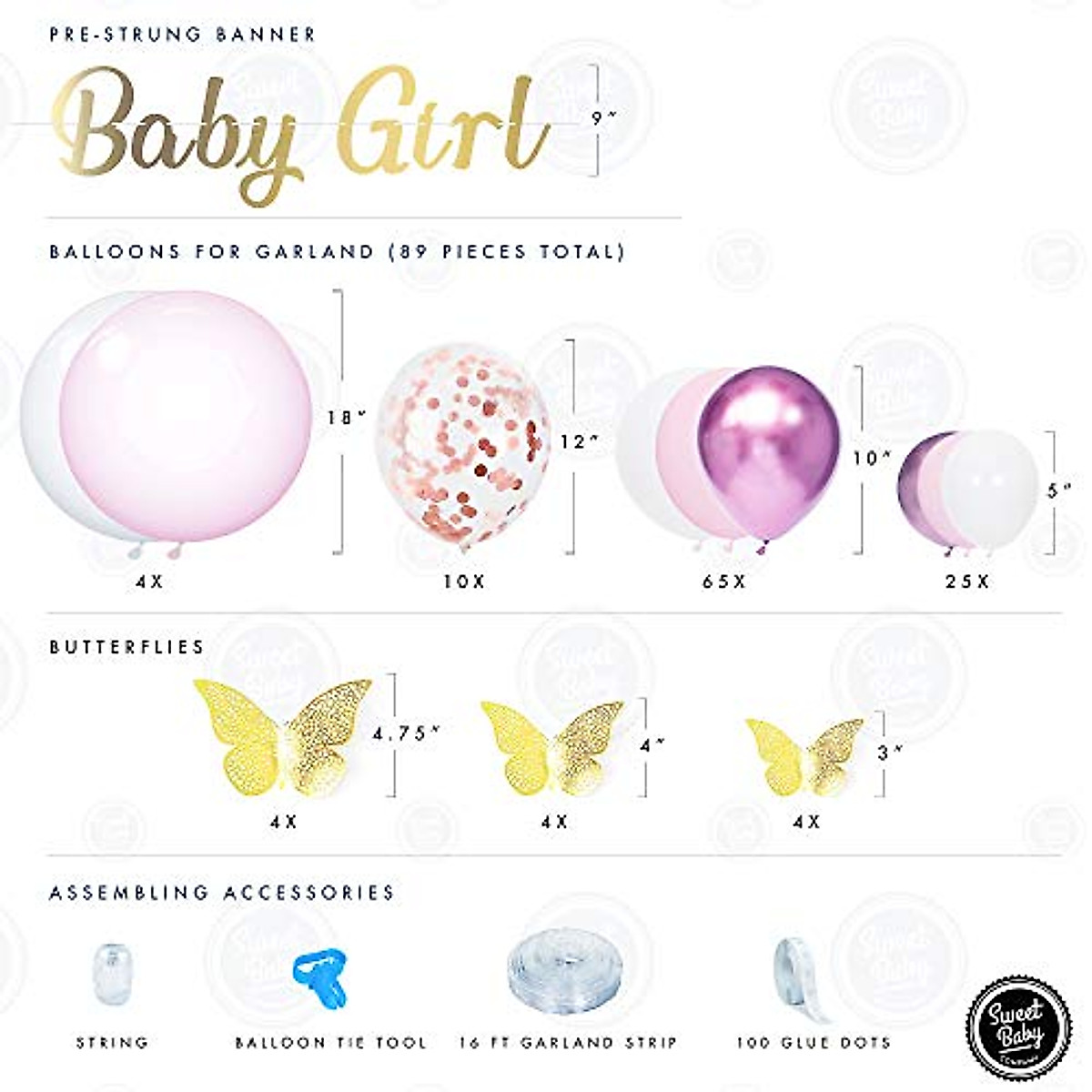 Sweet Baby Co. Girl Butterfly Baby Shower Decorations for Girl Party Decoration with Pink and Purple Mauve, Rose Gold Balloons Arch Garland Kit, Banner for Princess Floral Birthday BabyShower Decor