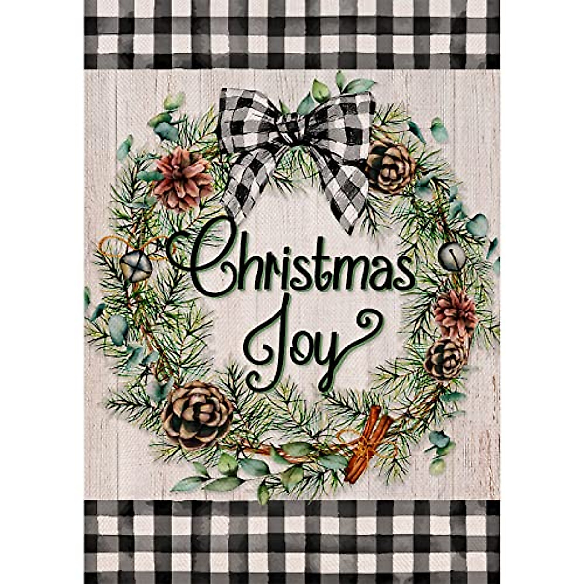 Selmad Christmas Joy Wreath Decorative Burlap Garden Flag, Xmas Buffalo Plaid Check Farmhouse Home Yard Small Outdoor Decor, Winter Pine Cone Outside Decoration Double Sided 12 x 18