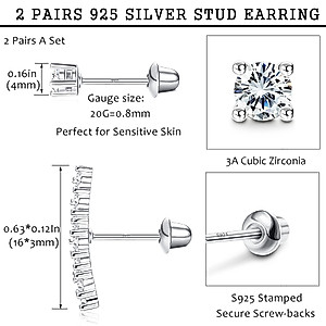 Sllaiss 2 Pairs Sterling Silver CZ Cartilage Stud Earrings Set for Women White Gold Plated Climber Helix Conch Daith Piercing with Screw Back (Silver)