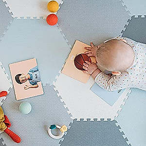 Baby Brielle Soft Non-Toxic Extra Thick Interlocking Hexagon Tile Foam for Babies and Toddlers - Exercise Mats for Crawling, Playing Grey & White Floor Mat for Nursery, Play Room - 48”x72”, 38 Pieces