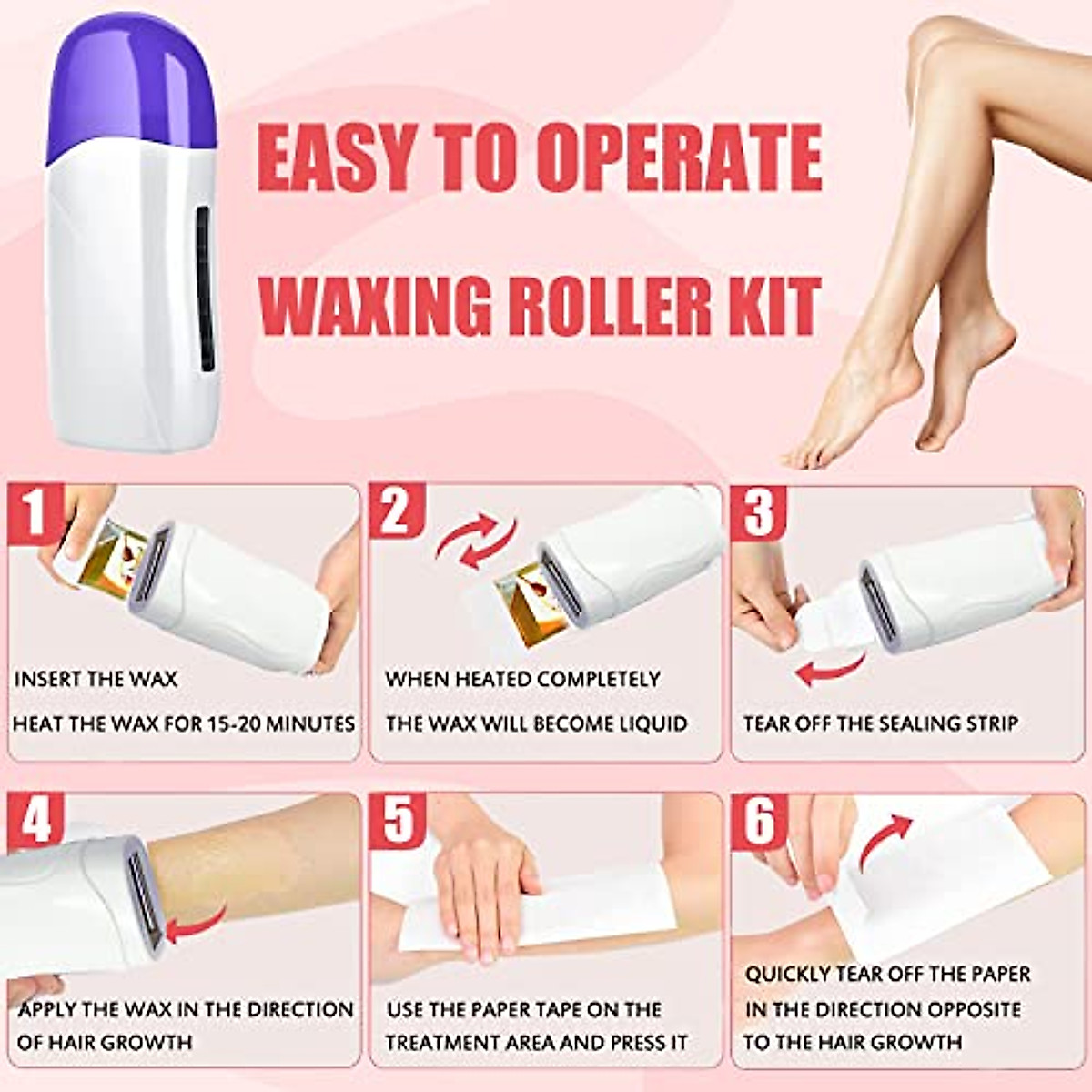 Roll on Wax,Roller Waxing Kit Including 2 Wax,100 Non-Woven Wax Strips & Blue Roll on Wax,6 packs of de-greasing wipes,Wax Kit for Larger Areas of the Body(blue)