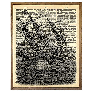 Vintage Steampunk Octopus Wall Decor - Pirates Kraken Pictures Wall Art - Retro Upcyled Dictionary Poster - Goth Room Decor - Gothic Decor - Lake Beach House Art Print - Nautical, Lovecraft, Mermaid