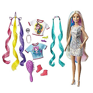 Barbie Fantasy Hair Doll & Accessories, Long Colorful Blonde Hair with Mermaid and Unicorn-Inspired Clothes