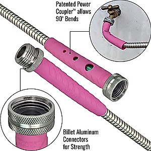 Bernini 50' Metal Garden Hose Lite Super Flexible Garden Hose, Lightweight No Kink Puncture Resistant 304 Stainless Steel Hose With Adjustable Fireman Spray Nozzle & Patented Power Couplers - Pink