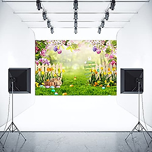 Aperturee Spring Easter Garden Photography Backdrop 7x5ft Bokeh Rabbit Bunny Colorful Eggs Fence Grass Pink and Purple Floral Butterfly Background Party Decoration Kids Children Props Photo Booth