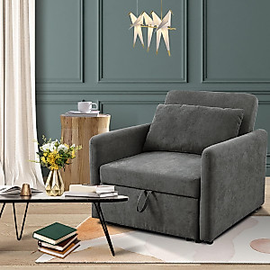 Mlxgoie Convertible Sofa Bed Chair, 3-in-1 Multi-Functional Sleeper Single Futon Chair Bed with Modern Linen Fabric & Tufted Pillow for Compact Living Room, Apartment, Dorm - Grey