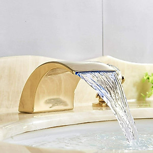 MOSSON LED Bathroom Faucet Brass Bathroom Sink Faucet 3 Hole 8 Inch Basin Mixer Tap Gold Bath Faucet 2 Crystal Knobs Vanity Lavatory Faucet for Bathroom