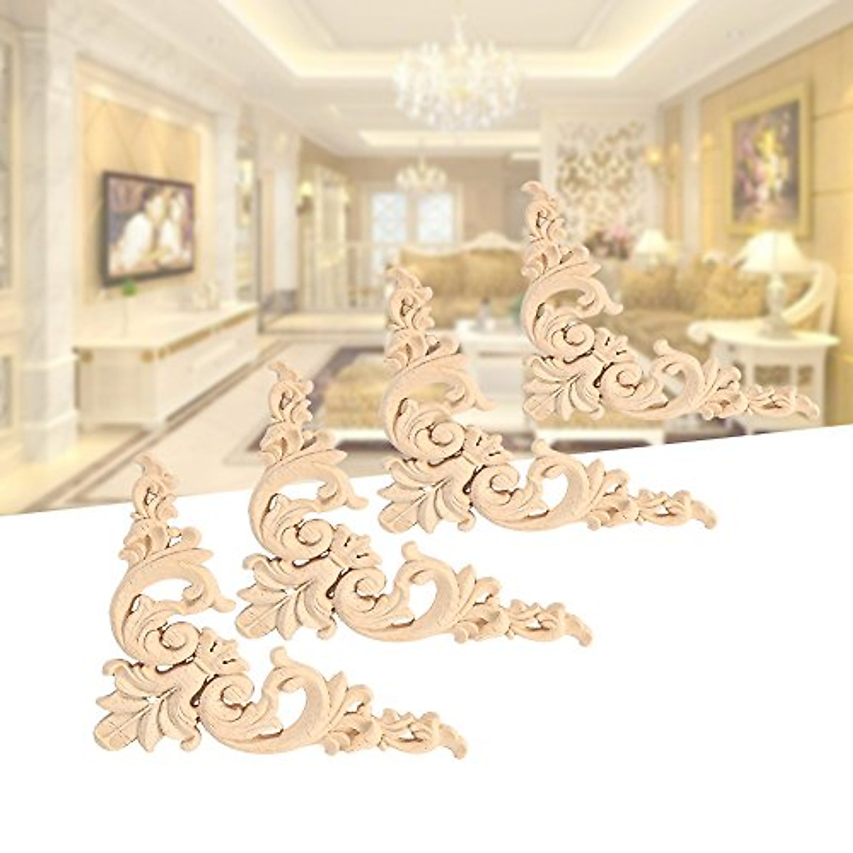 Maxmartt Rub On Decor Transfers,4PCS Wall Stickers Vintage Wood Carving Unpainted for Home Cabinet Door Decor Craft DIY Wood Color(12 x 12cm / 4.72in)