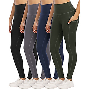 YOUNGCHARM 4 Pack Leggings with Pockets for Women,High Waist Tummy Control Workout Yoga Pants BlackDGrayNavyArmyGreen-M