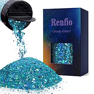 Renfio Holographic Chunky Glitter, 5.64 Oz 160g Extra Fine Glitter Powder Mixed Chunky PET Flake Sequins Bulk for Nail Art Resin Crafts Painting Festival Decor Slime Tumbler Candle - Laser Blue
