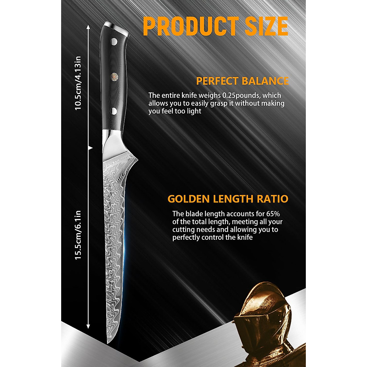 Gutoky 6 Inch Damascus Boning Knife, Feather Pattern Blade with G10 Handle, Japanese AUS10 Steel, Professional Kitchen Fillet Knife