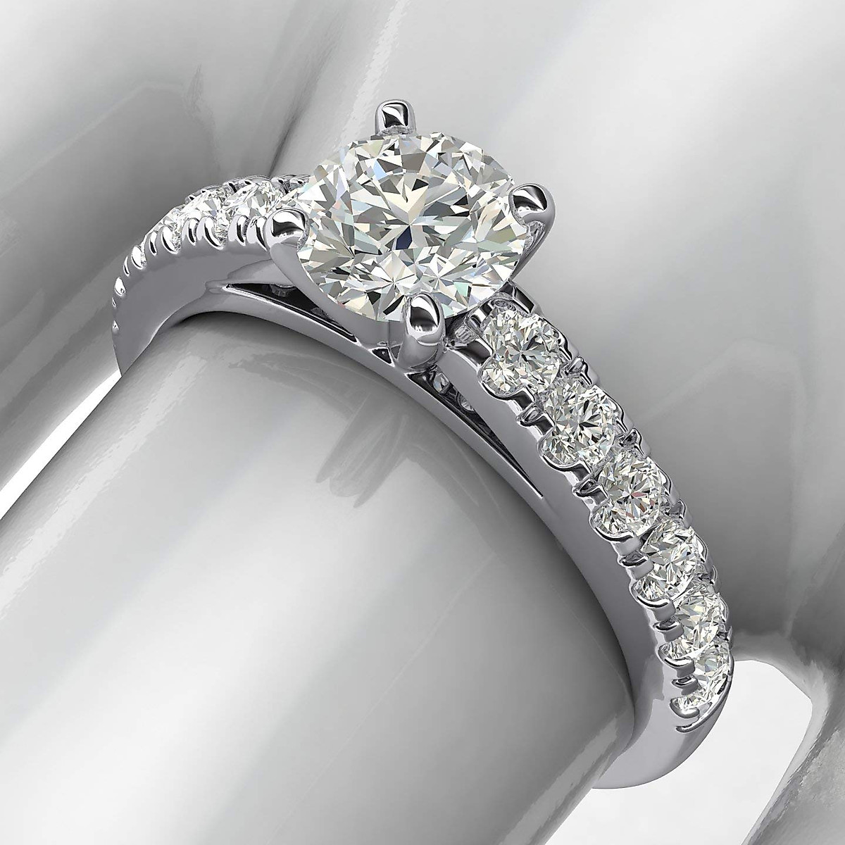 Women's Sterling Silver 1CT Classic 4-Prong Simulated Round Cut Diamond Solitaire Engagement Ring Large Side Stones (7)