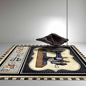 Soyalie Vintage Sewing Machine Themed Area Rug for Entrance Kitchen Non-Slip Black and White Striped Scissors Bordered Carpet Dorm Decor Fun Fashion Carpet 3'x5'