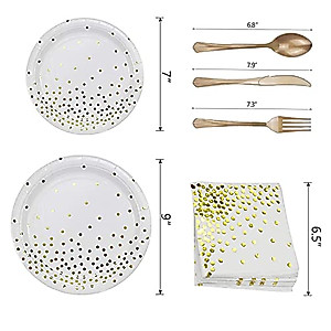 Guang Mao White and Gold Party Supplies-180 PCS Serves 30 Dinnerware Gold Dot Paper Plate, Napkins, Gold Plastic Forks Knives Spoons for Graduation, Birthday, Cocktail Party