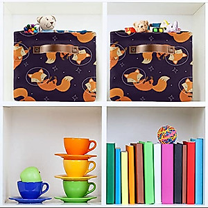xigua Seamless Pattern With Fox In Space Storage Basket Collapsible Toy Storage Bins Waterproof Canvas Storage Basket with Leather Handles for Home Closets Offices,Bedrooms,Kids Toy and Gift Baskets,2PCS