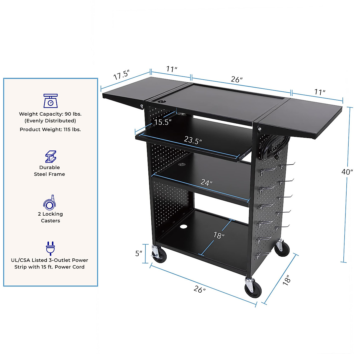 Line Leader Stellar AV Cart | Reimagine Your Teacher Cart with Revolutionary Pegboard Siding & 12 Movable Hooks for Customizable Storage | UL Safety Certified Cart | Keyboard Tray & Drop Leaf Shelving