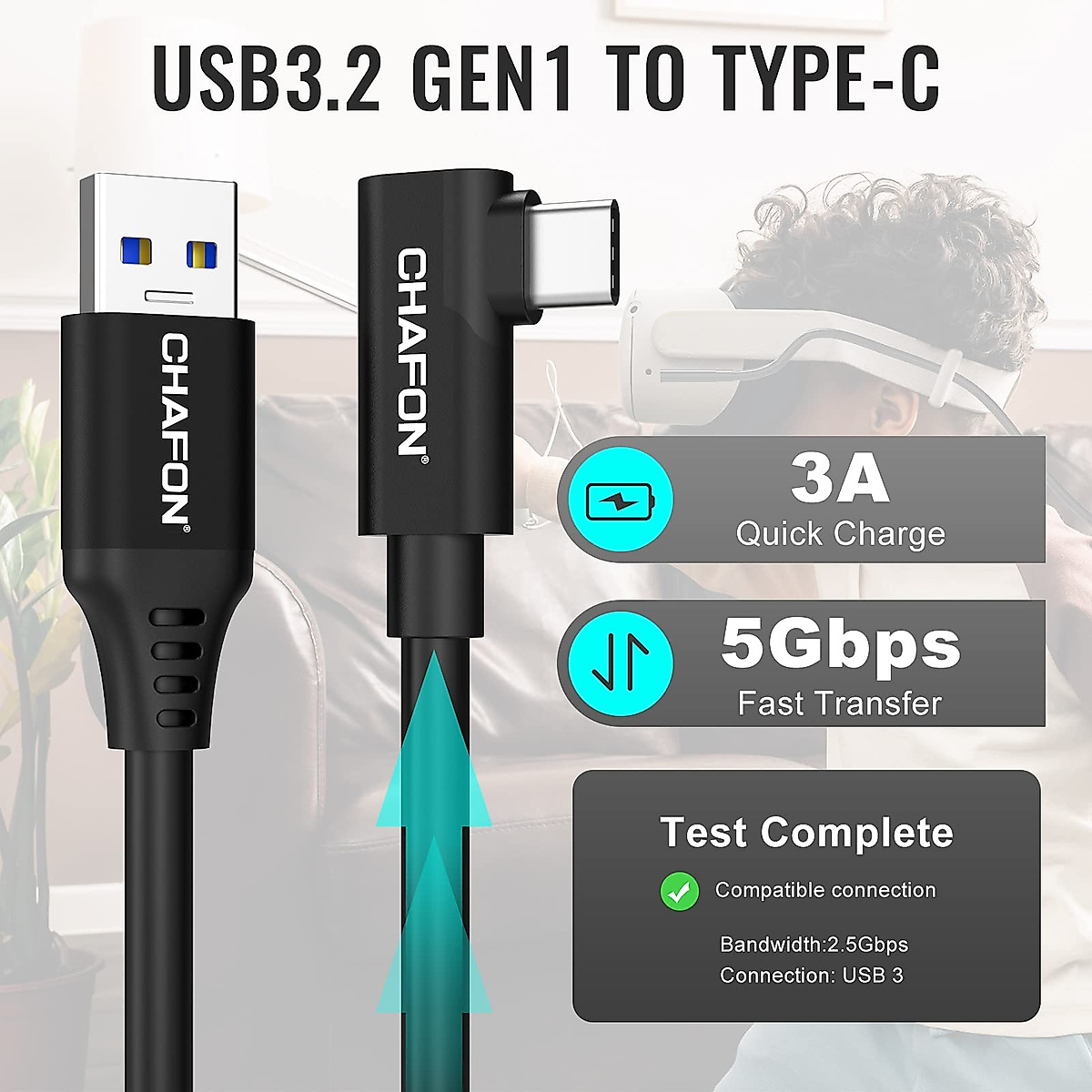 CHAFON Link Cable 16FT Compatible with Meta/Oculus Quest 2 Accessories and PC/Steam VR, High Speed & Stable PC Data Transfer, USB 3.0 to USB C Cable for VR Headsets and Gaming PC