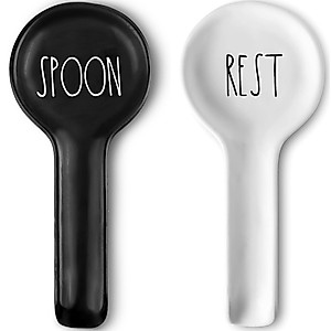 [Set of 2] Farmhouse Spoon Rests for Kitchen Counter by Brighter Barns - Black White Ceramic Spoon Rest for Stove Top - Stove Spoon Holder for Countertop - Coffee Spoon Rest - Farmhouse Kitchen Decor
