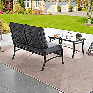 LOKATSE HOME Outdoor Loveseat Set of 2 Patio Furniture Couch with Rectangle Coffee Table, Black&Gray