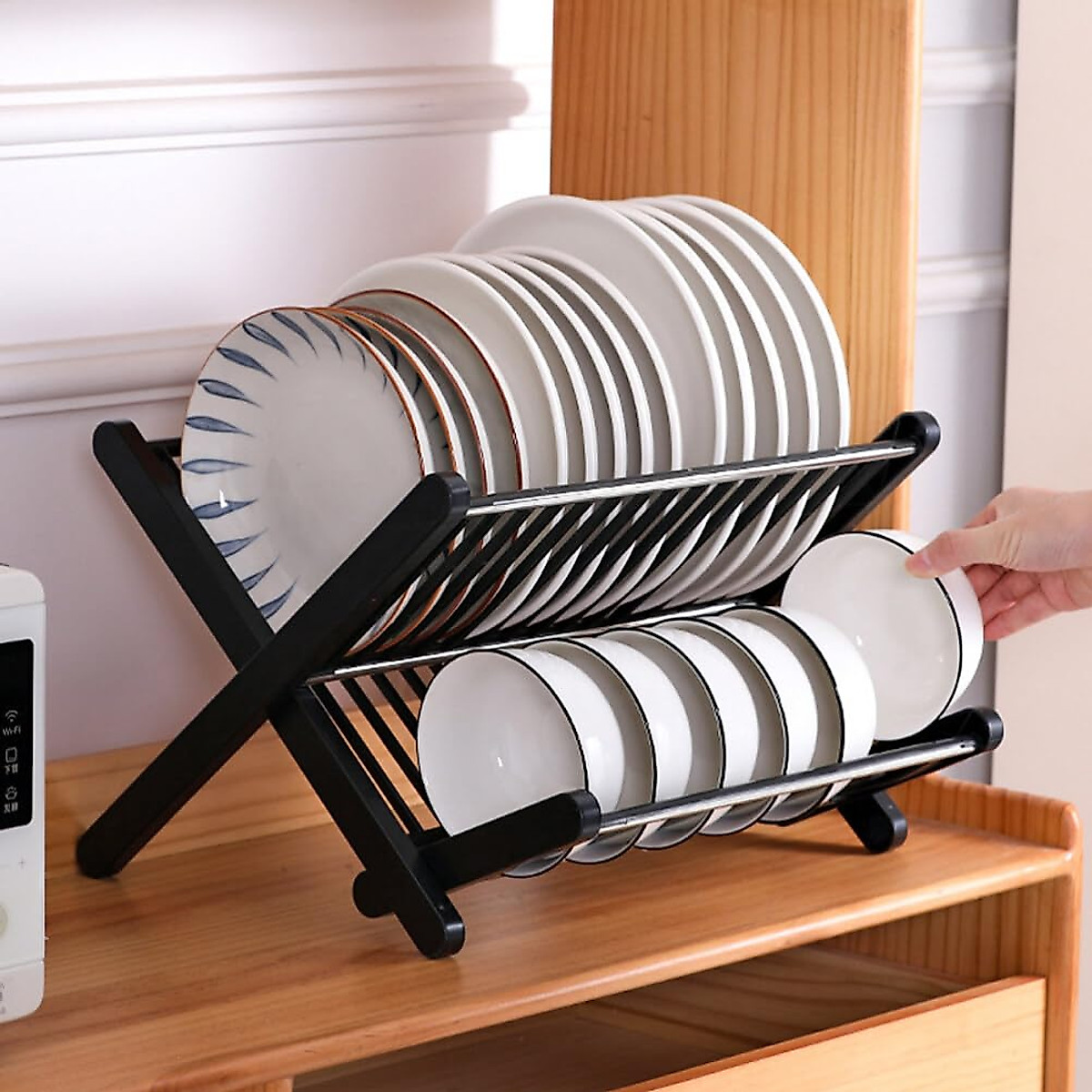 DOITOOL Stainless Steel Dish Drying Rack for Kitchen Counter: 2-Tier Dish Drainer Kitchen Plate Rack with Drainboard - Foldable and Compact for Space-Saving Storage, Black