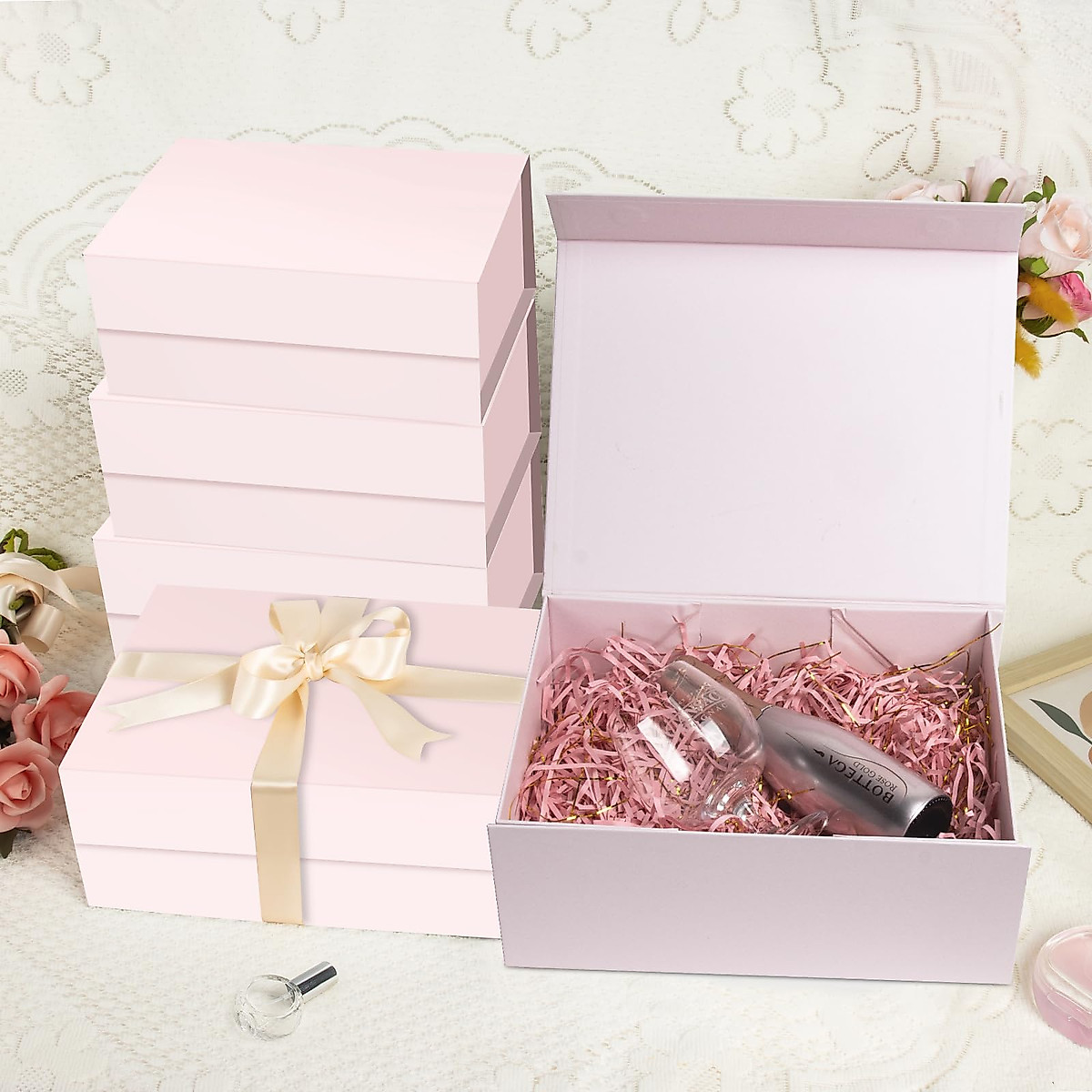 Pink Gift Boxes with Lids 5 Pack, 9x7x4 Inches Small Gift Box with Ribbon, Collapsible Gift Boxes with Magnetic Closure for Presents, Bridesmaid Proposal Box Contains Gift Card Ribbon Tag