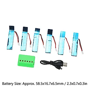 NestNiche 3.7V 520mAh Li-ion Battery, 6 PCS Lightweight High Discharge Rate RC Batteries with Charger Cable for RC Airplane Helicopter Models, Blue