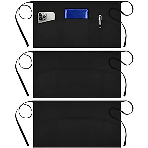 Syntus 3 Pack Server Aprons with 3 Pockets, Waterdrop Resistant Waitress Waiter Waist Apron, 11.5-inch Black
