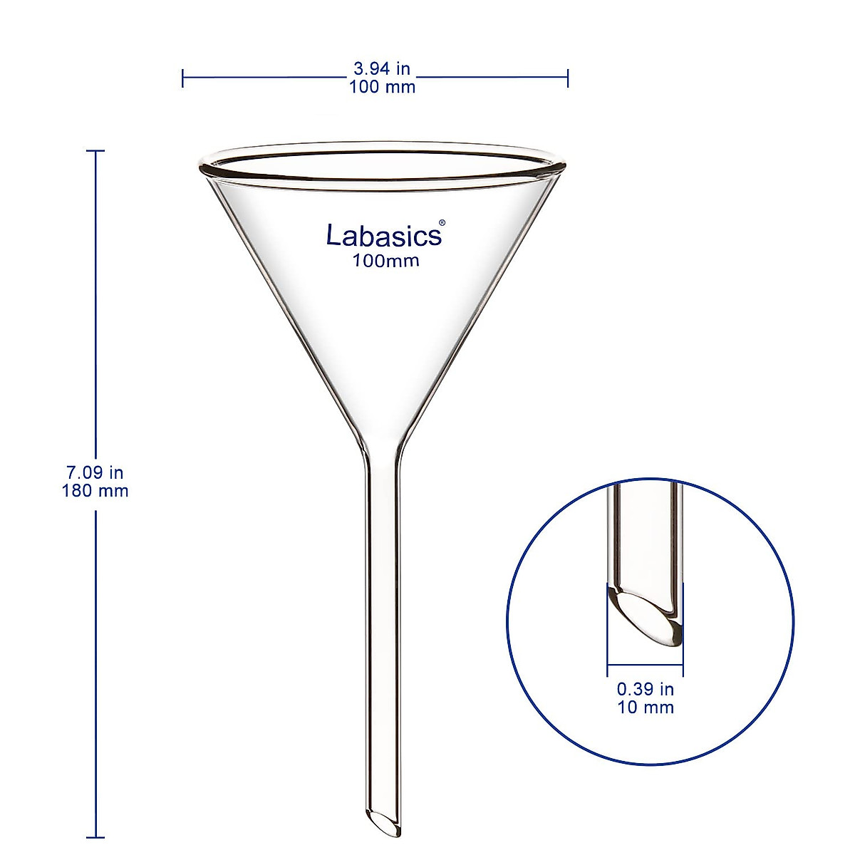Labasics 2-Pack Glass Heavy Wall Funnel Borosilicate Glass Funnel, Short Stem 100 mm Diameter, 100 mm Stem Length