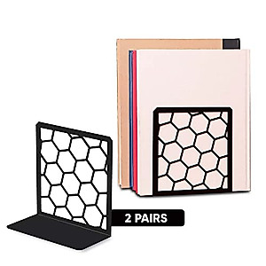 GEOMOD Premium Geometric Black Honeycomb Bookends for Shelves, Metal Book Ends Office, L-Shaped Stopper, Rustproof Decorative Unique Home, 6.25 (L) x 6 (W) inches, 2 Pairs - Geomod, (Pair of 2)