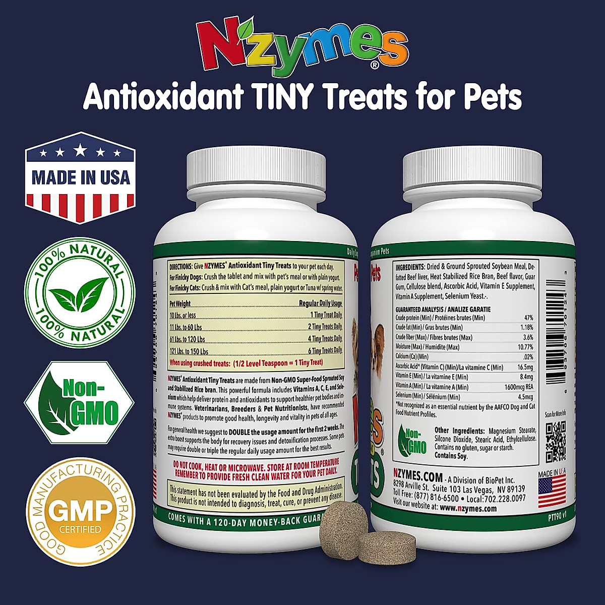 Nzymes® Antioxidant Tiny Treats - for Dogs Joints, HIPS, Paralysis, Skin, Coat, Hair Loss, Aging, Digestion, Seizures - Dog Treats for Small Dogs - 90 Treats - Made in The USA