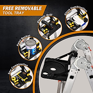 Soctone Ladder, A Frame 4 Step Extension Ladder, 14 Ft with Multi Position & Removable Tool Tray with Stabilizer Bar, 330 lbs Weight Rating Telescoping Ladder for Household or Outdoor Work