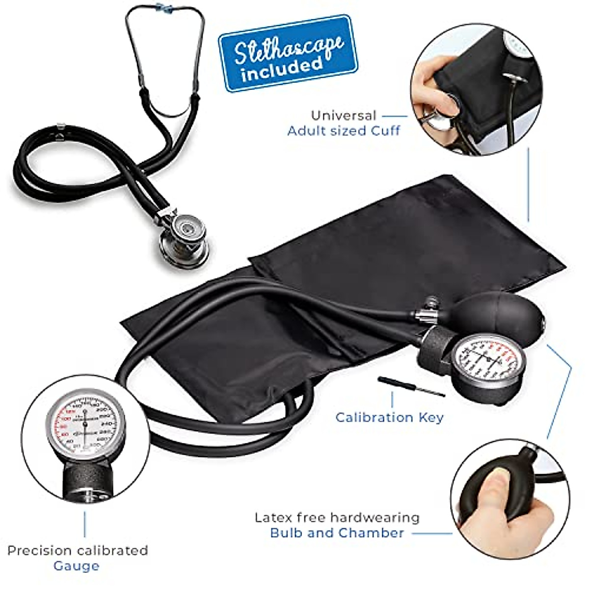 NOVAMEDIC NM-9170-BK Professional Aneroid Sphygmomanometer Blood Pressure Machine and Stethoscope Set, Universal Adult Size Cuff Arm, Manual Emergency BP Monitor Kit with Carrying Case, Black