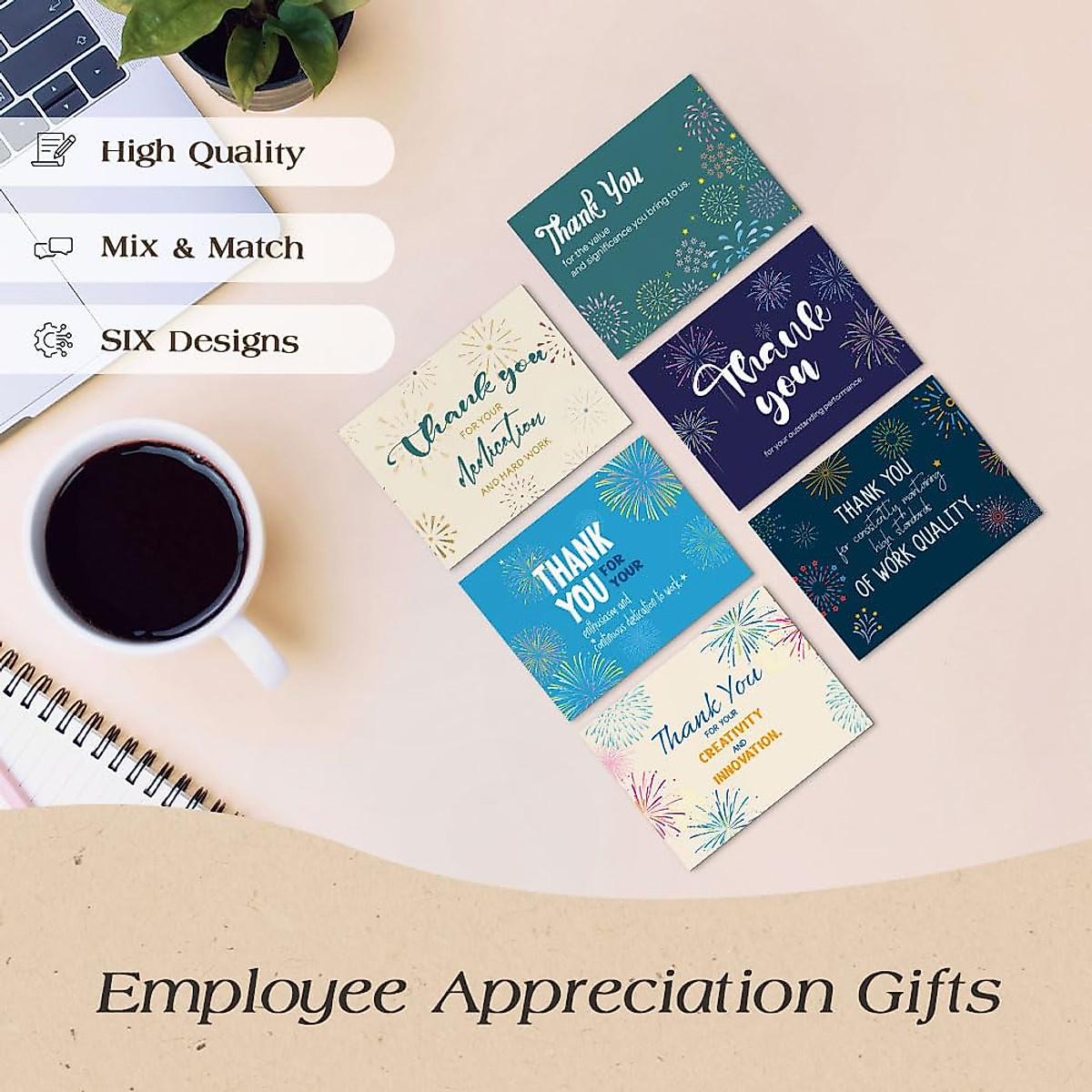 BIROYAL 24 Pack Employee Appreciation Cards with Envelopes - 5 * 8 In Blank Employee Thank You Cards - Ideal for Employee Recognition - Appreciation Cards for Team Staff Teacher (Firework Design)