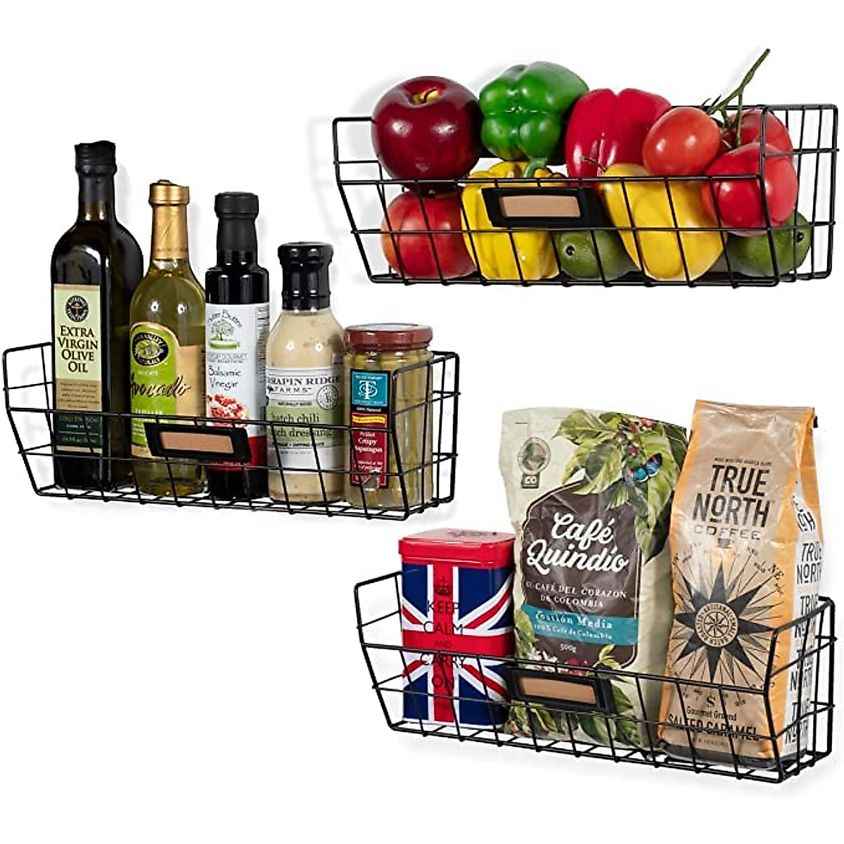 Wall Mounted Wire Basket Kitchen Storage Pantry Organizer Fruit Basket Varying Sizes Set of 3 Black