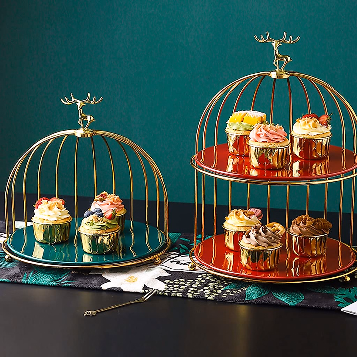 XENITE Dessert Bird Cage Cake Stand for Dessert Table Gold Metal Cosmetics Dessert Display Holder W/Ceramic Tray & Elk Top for Celebrations Home Decorations Fruit Plate