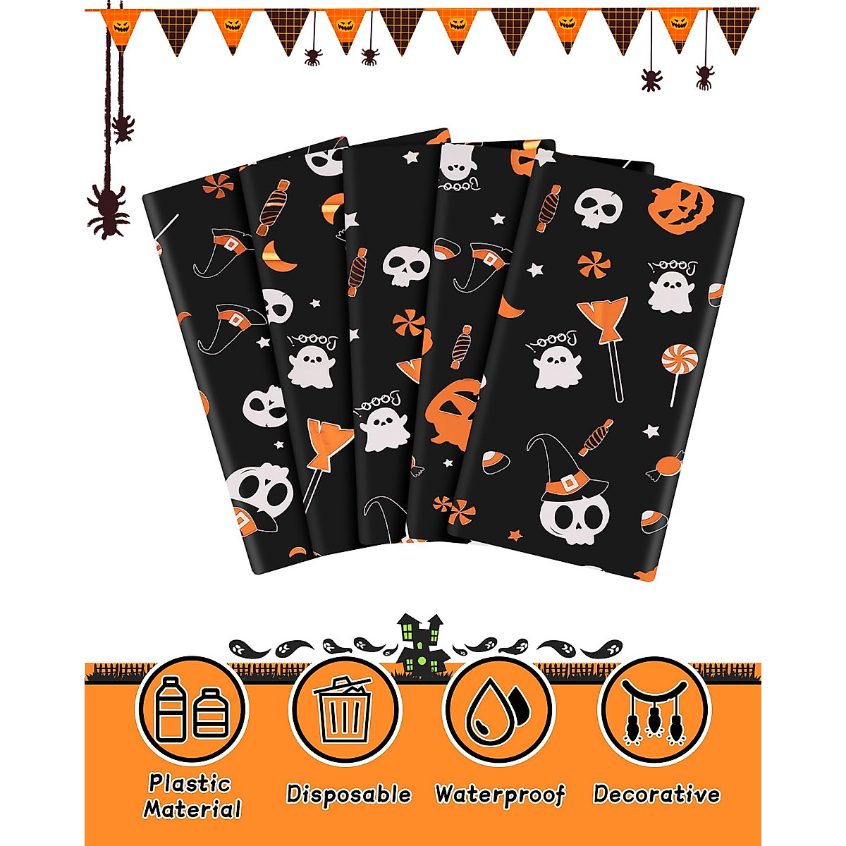 Colemoly Halloween Table Cloth 5 Pack 54in x108in Plastic Table Cover, Bat & Pumpkin Rectangle Disposable Tablecloth, Black Table Cloths for Parties Decoration