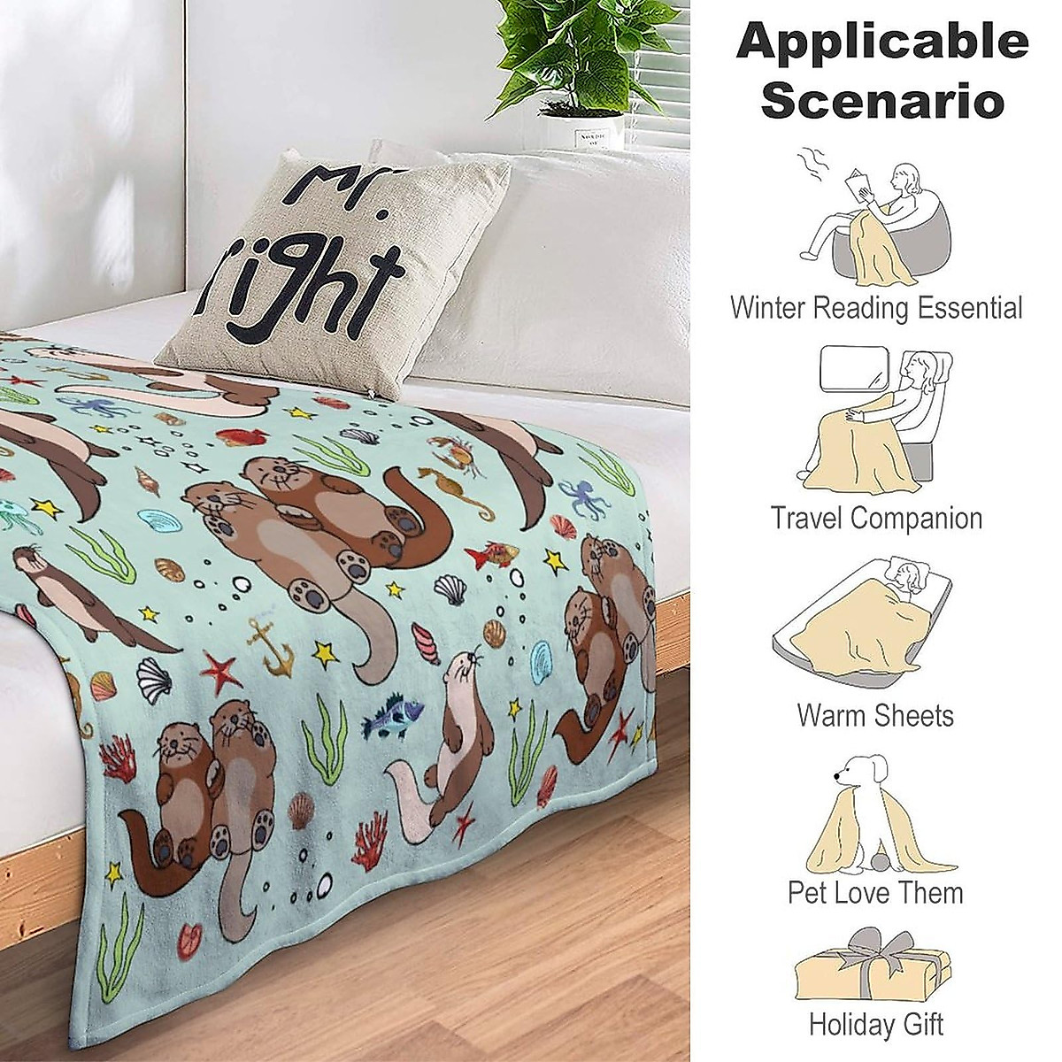 Sea Otters Blanket Super Soft Warm Flannel Otters Throw Blankets Bedding Gifts for Kids Girls Boys Adults 50"x40"