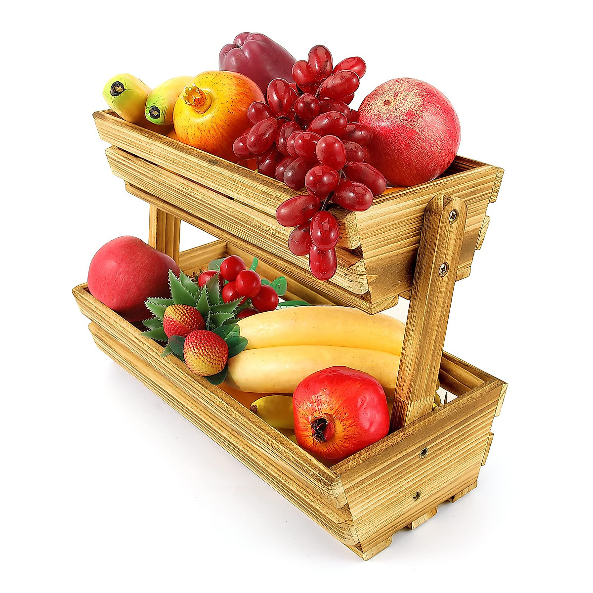 CALM COZY 2-Tier Wooden Fruit Basket, Farmhouse Fruit Basket Counter Top Organizing for Kitchen, Vegetable Stand Bread Racks Produce Basket, Classic Wood Color