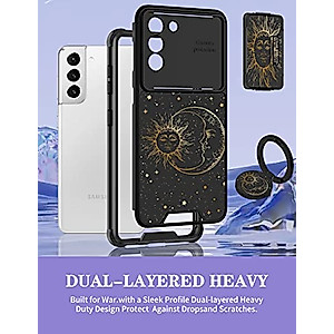 Goocrux (2in1 for Samsung Galaxy S21 Case Sun and Moon Stars for Women Girls Cute Space Phone Cover with Slide Camera Cover+Ring Holder Fashion Golden Print Design Cases for Galaxy S21 5G 6.2''