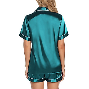 Senert Silk Satin Pajamas Set Women Two-Piece Nightwear Short Sleeve Sleepwear Soft Button Down Loungewear Pjs Set Green,XX-Large