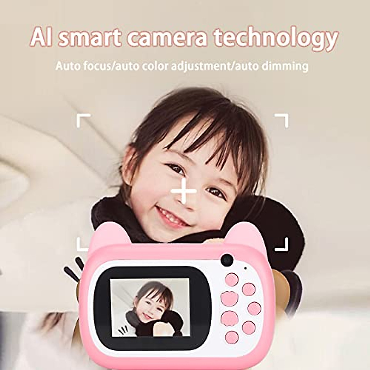 mumisuto Kids Digital Camera, Instant Camera with Print Paper 24MP Resolution 200dpi 32GB Children's Cam Pink Cat