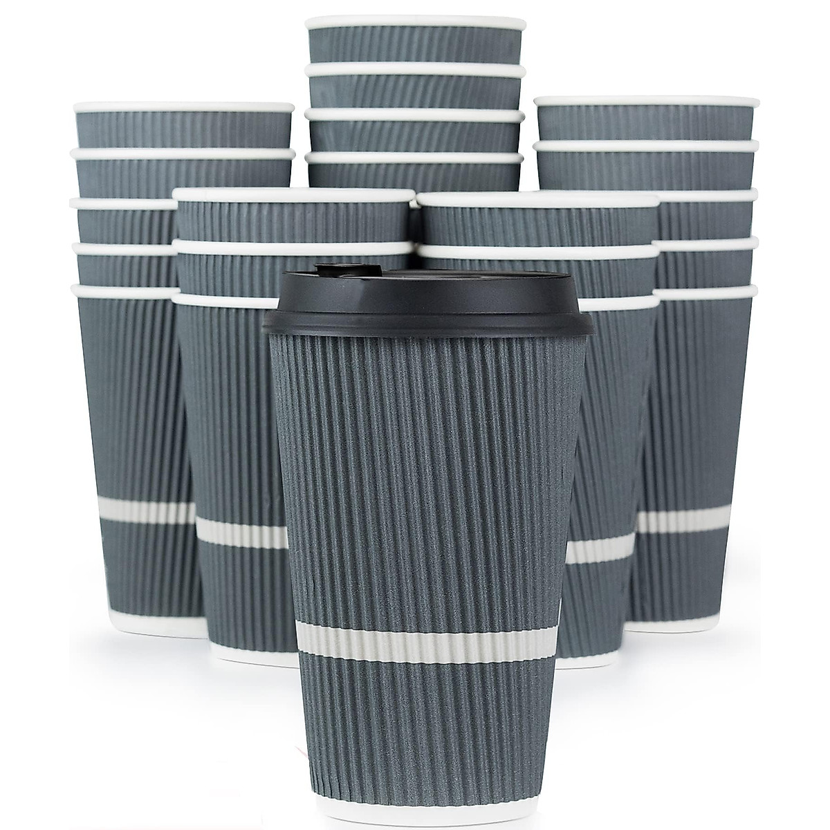 Glowcoast Disposable Coffee Cups With Lids - 16 oz To Go Coffee Cup (70 Pack). Large Travel Cups Hold Shape With Hot and Cold Drinks, No Leaks! Insulated Ripple Cups Protect Hands, No Sleeves needed!