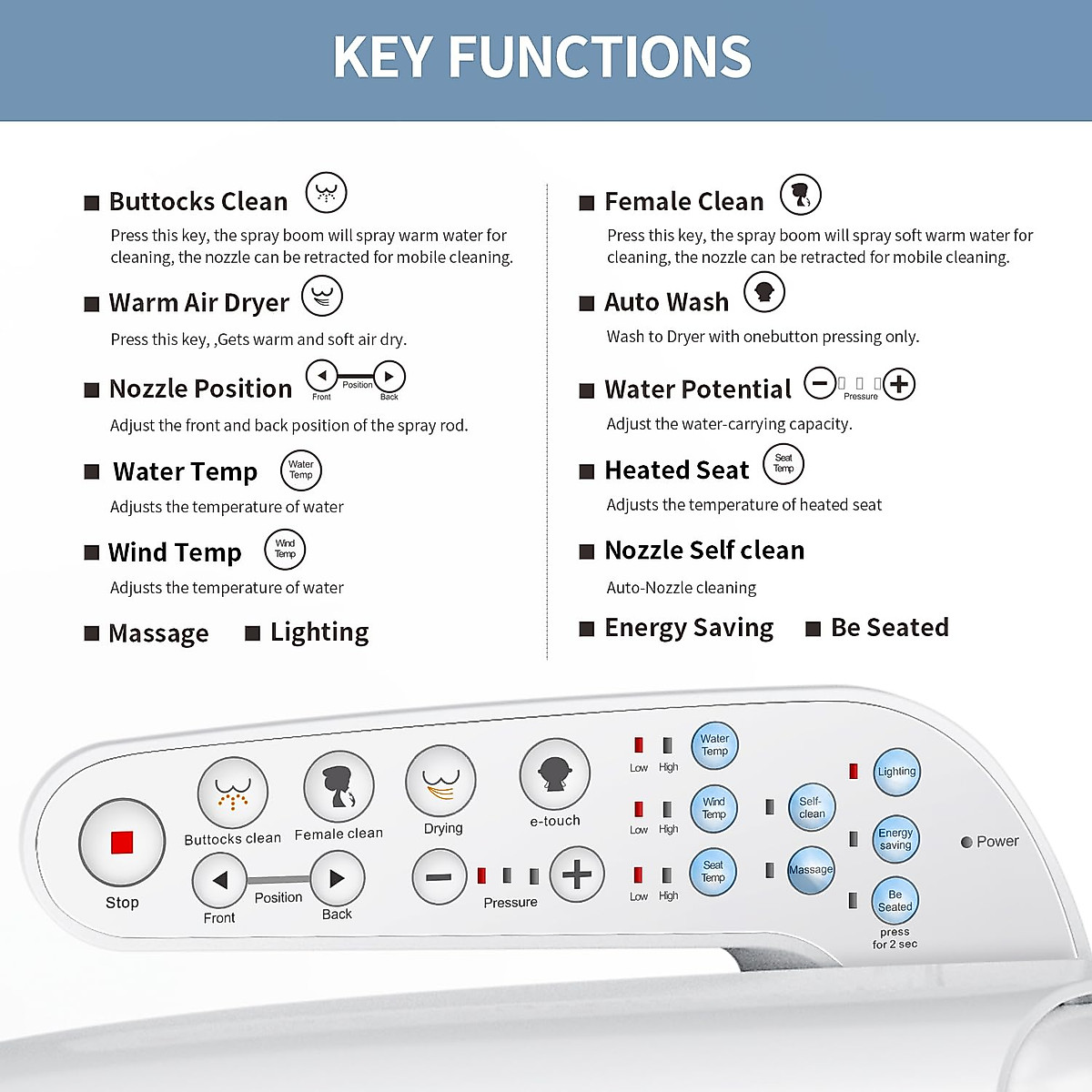 KERDE 08C Electric Bidet Toilet Seat,Warm Water Cleansing,Warm Air Drying, Heated Seat,Adjustable Temperature Settings, Moving Nozzle Massage,White,Night Light, Elongated,Bidets for Existing Toilets.