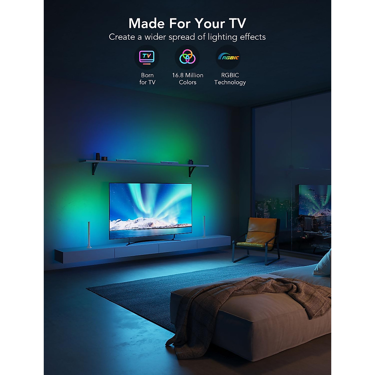 Govee RGBIC Light Bars, 15 Inches WiFi TV Backlight with Double Light Beads, Smart Light Bars with Multiple Placement Options Suitable for 45-70 inch TVs, Work with Alexa and Google Assistant, White