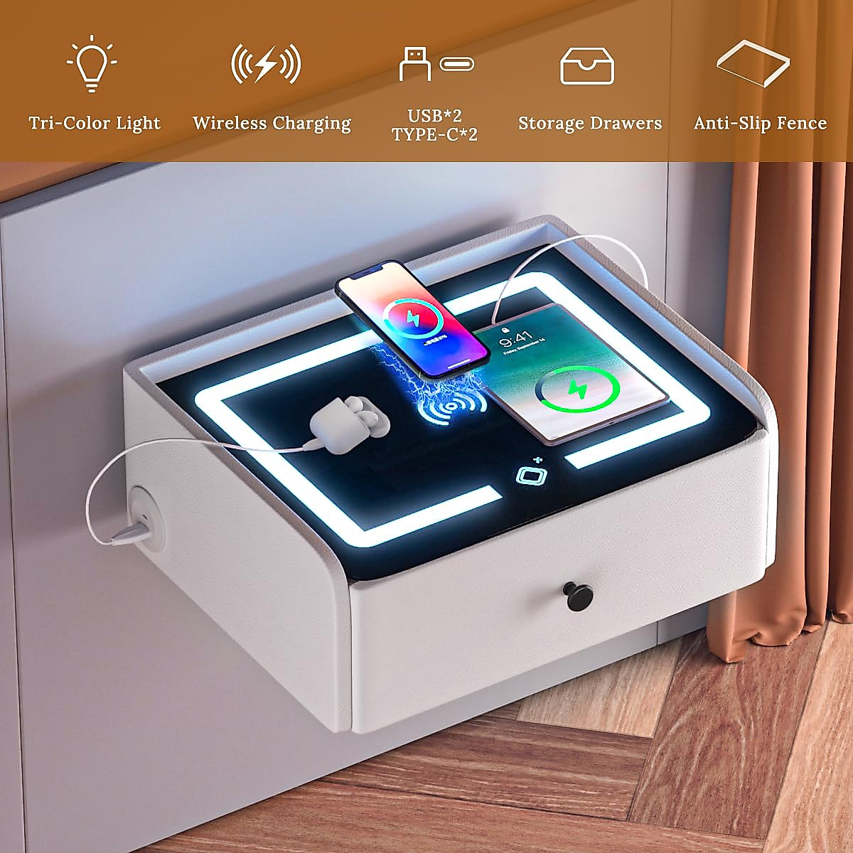 HOMEMORE Smart Nightstand Floating Bedside Table LED Nightstand with Charging Floating Nightstand Bedroom Options for Young People.White