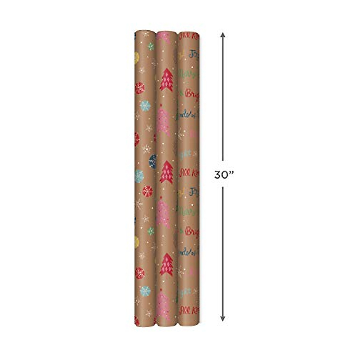 Hallmark Colorful Recyclable Christmas Wrapping Paper with Cut Lines on Reverse (3 Rolls: 90 sq. ft. ttl) Kraft Brown with Snowflakes, Pink Trees, "All Kinds of Merry"