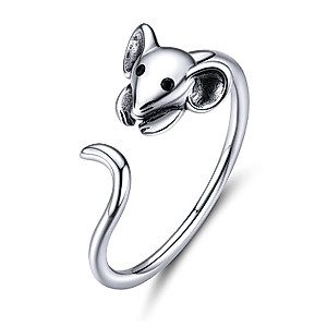 Qings Cute Mouse Ring 925 Sterling Silver Cubic Zirconia Open Ring, Adjustable Animal Wrap Ring Jewelry Gift for Women